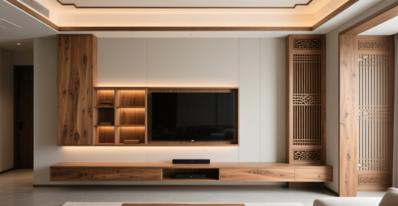 110㎡新中式全屋电视墙材质选择原木，高级