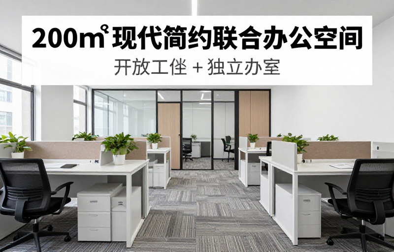 200㎡现代简约联合办公空间开放工位独立办公室