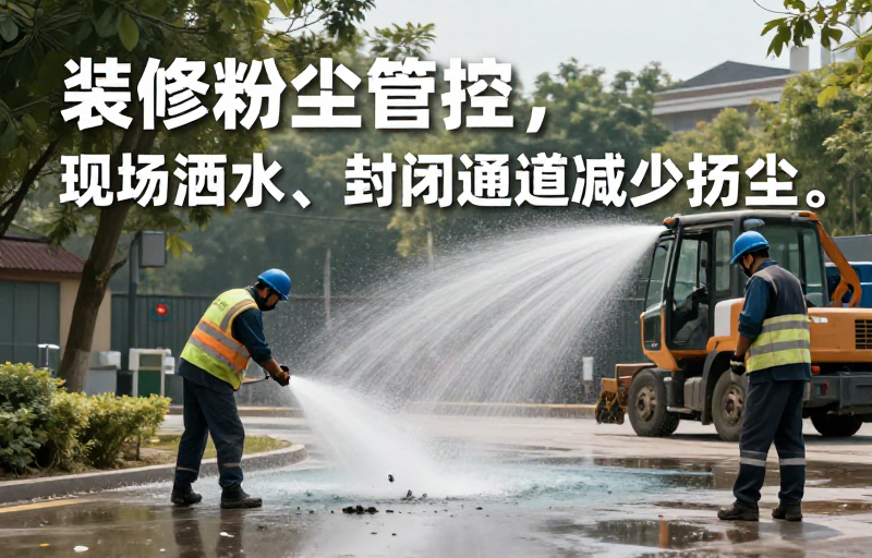 装修粉尘管控，现场洒水、封闭通道减少扬尘。