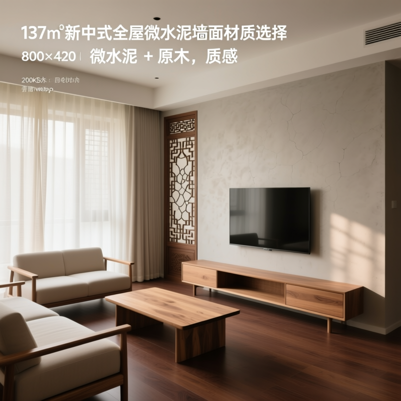 137㎡新中式全屋微水泥墙面材质选择原木，质感