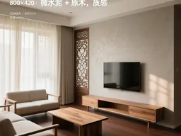 137㎡新中式全屋微水泥墙面材质选择原木，质感