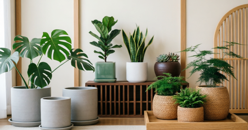 111㎡新中式全屋绿植花盆材质选择原木，雅致
